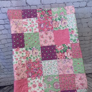 Handmade Large Quilted Throw Blanket, Pink and Purple Floral Patchwork ...