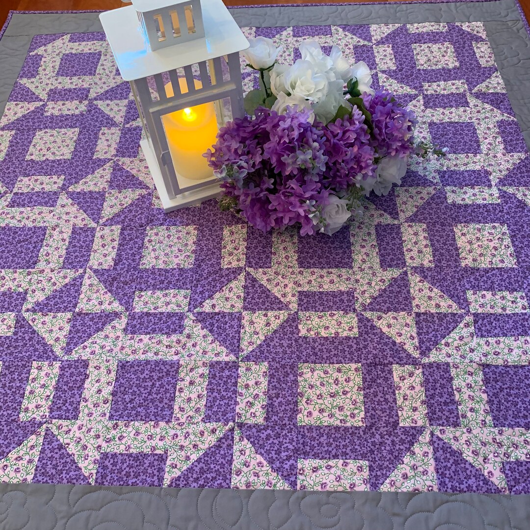 Handmade Purple Churn Dash Design Quilt, Floral Lap or Table Quilt ...