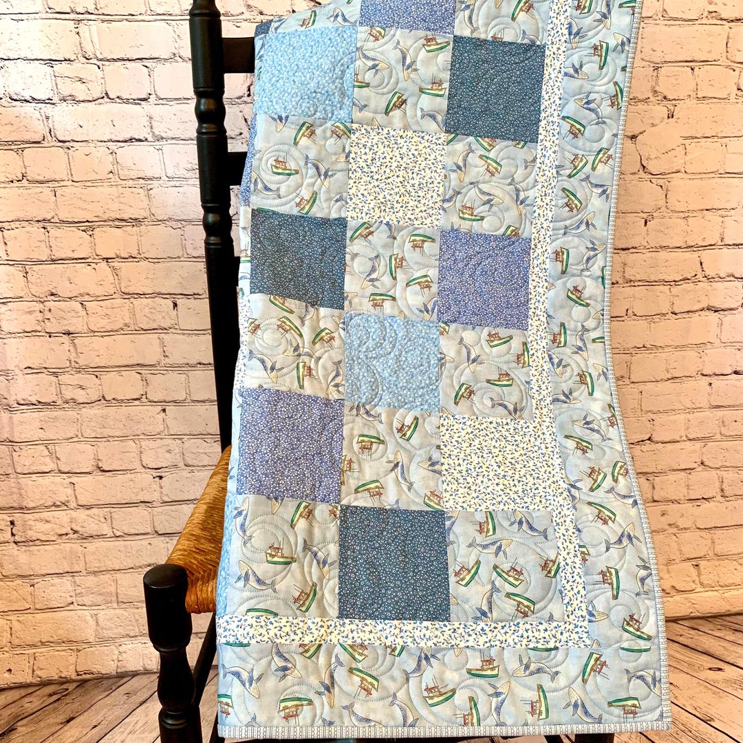 Handmade Blue Quilt With Whales, Nautical Patchwork Quilt, Beach and ...