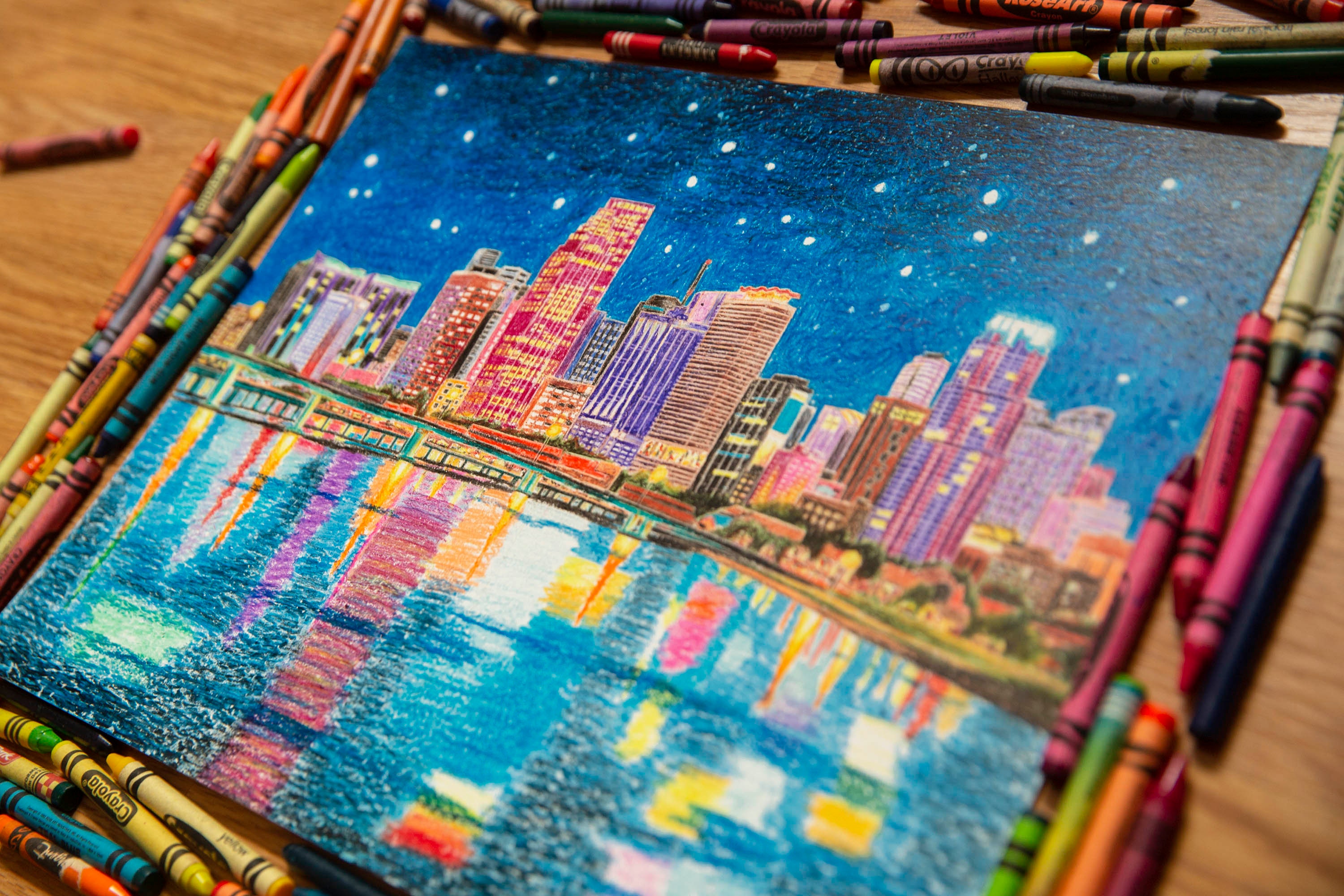 Miami Florida Skyline Original Crayon Artwork Cityscape Fine | Etsy