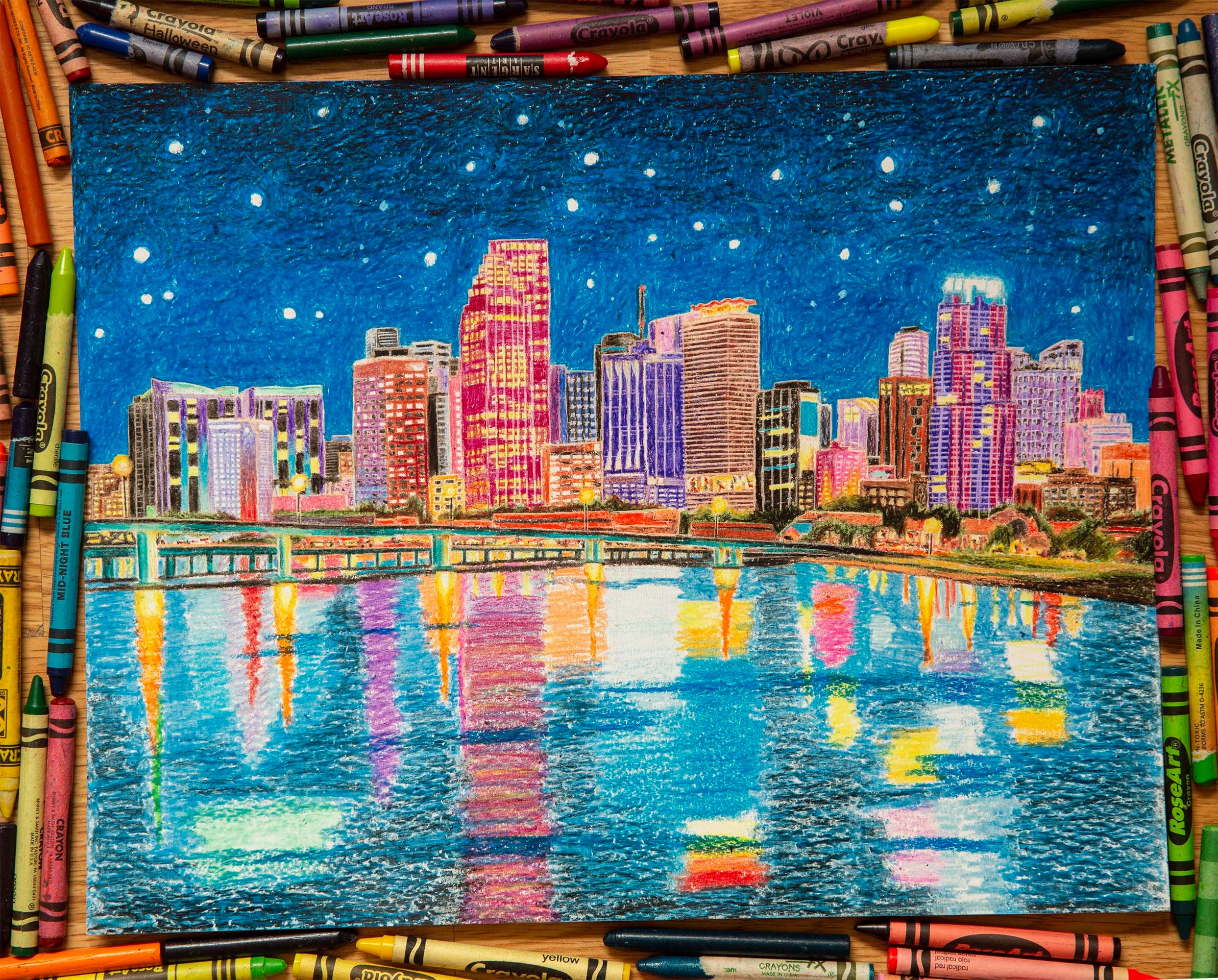 Miami Florida Skyline Original Crayon Artwork Cityscape Fine | Etsy