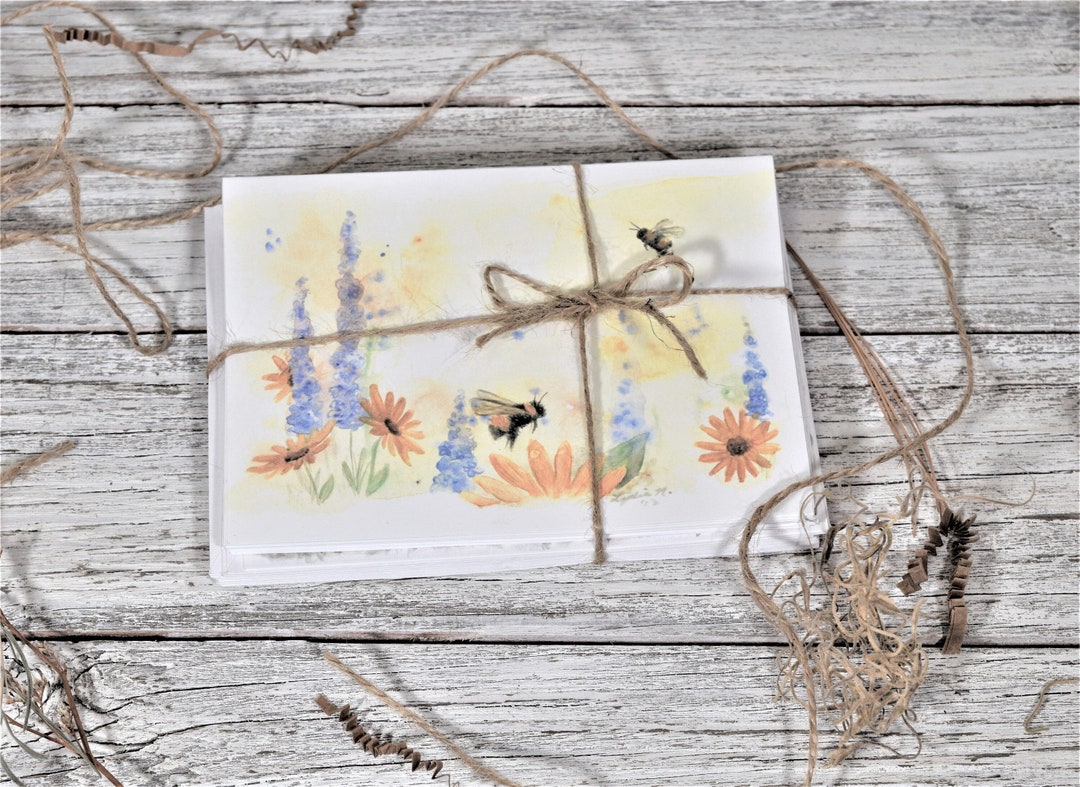 Bumblebee Note Cards, Bee Stationery, Set of 12 Matching Floral Cards ...