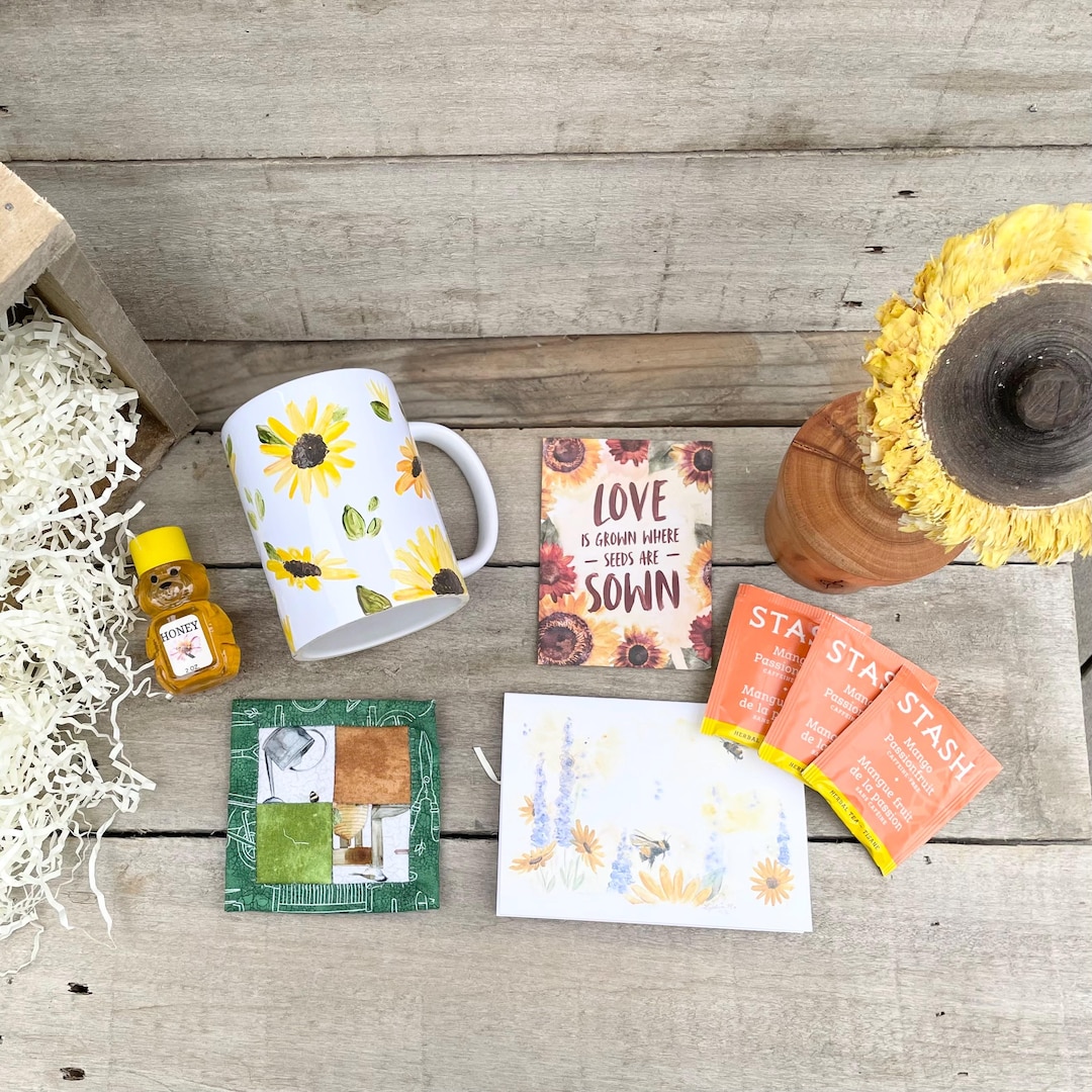 Sunflower Gift Basket, Sunshine Box for Her, Floral Mug With Tea, Hug ...