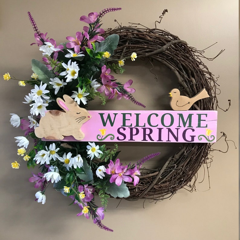 Welcome Spring Front Door Wreath Hand Painted Welcome Sign - Etsy
