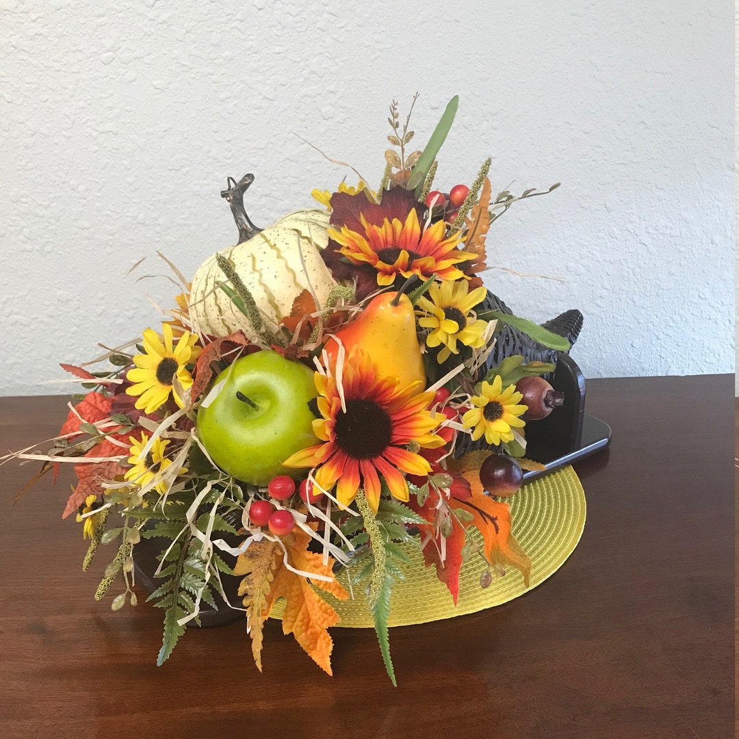Thanksgiving Cornucopia Arrangement With Stand, Fall Basket Centerpiece ...