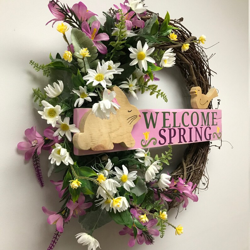 Welcome Spring Front Door Wreath Hand Painted Welcome Sign - Etsy