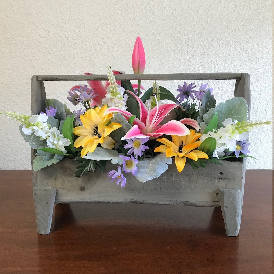 Stargazer Floral Centerpiece in Wooden Tool Box, Silk Lilies ...