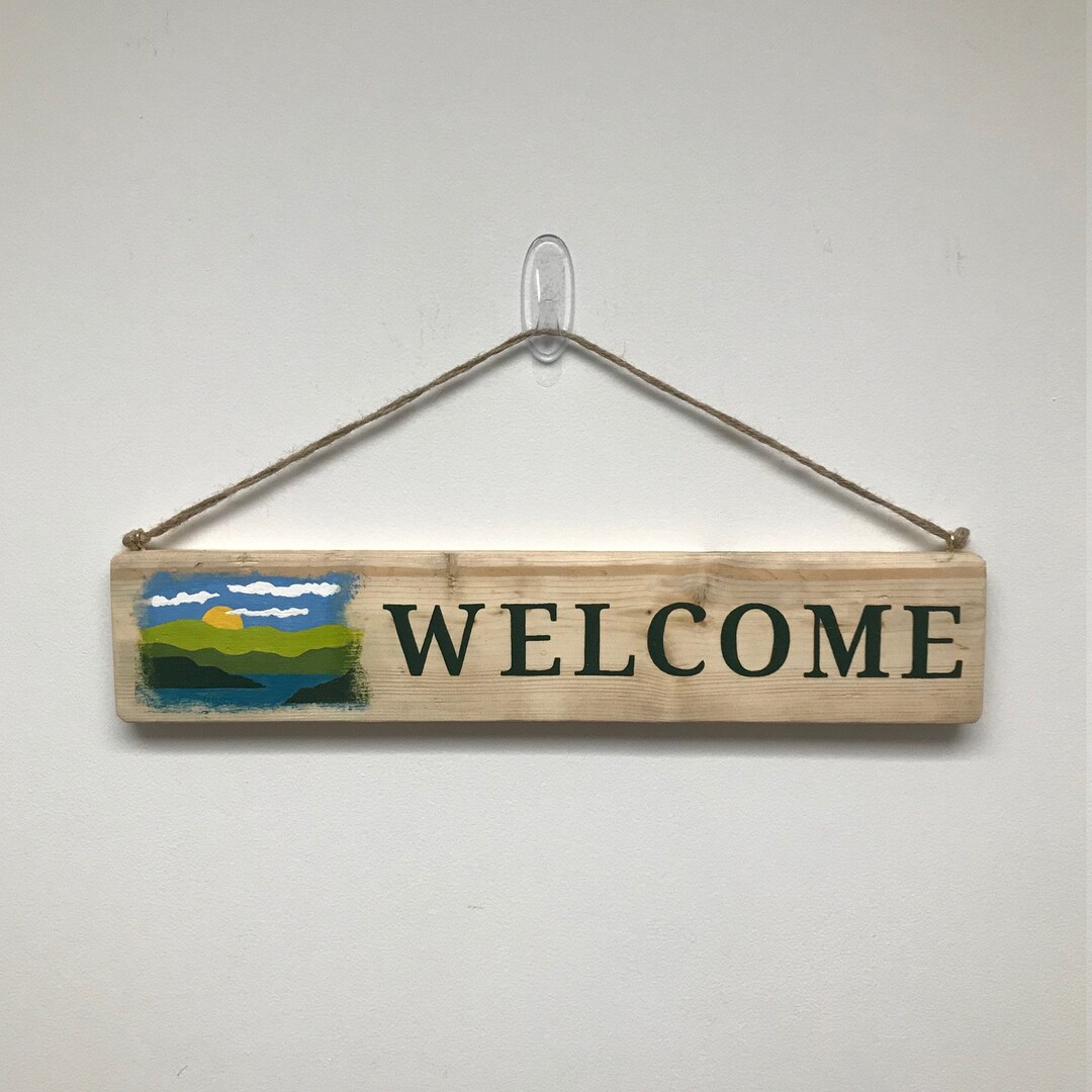 Hand Painted Wood Welcome Sign, Lake Scene, Twine Hanger - Etsy