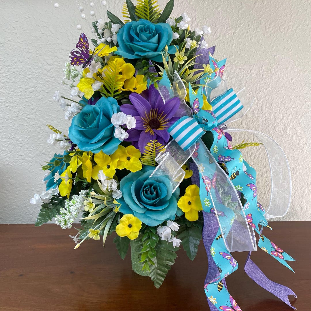 Spring Cemetery Cone, Turquoise Roses Floral Arrangement, Ready to Ship ...