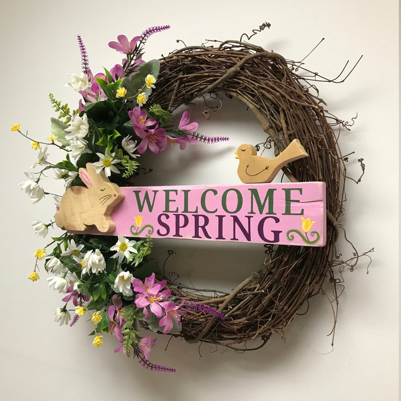 Welcome Spring Front Door Wreath Hand Painted Welcome Sign - Etsy