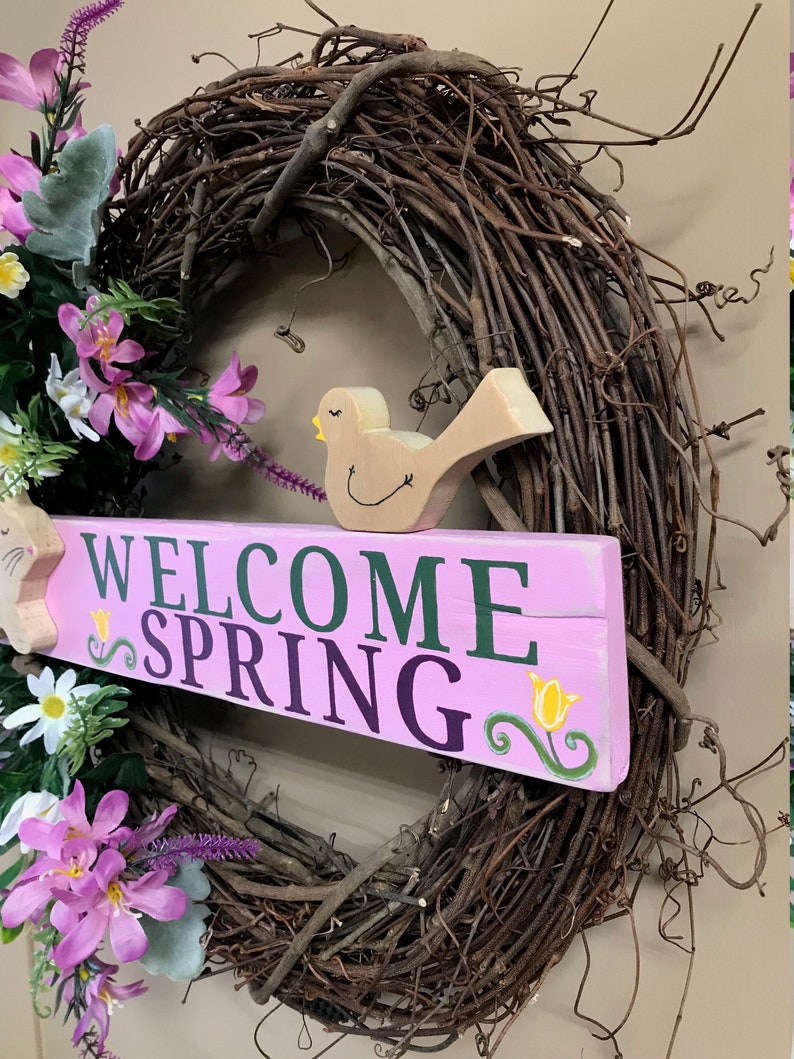 Welcome Spring Front Door Wreath Hand Painted Welcome Sign - Etsy
