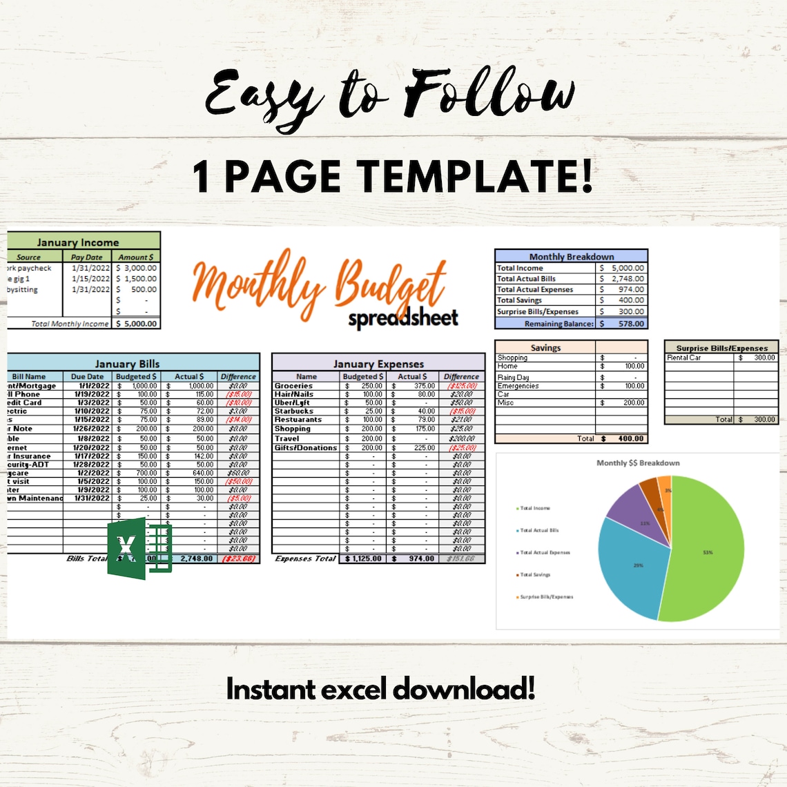 Monthly Budget Spreadsheet Template for Excel Bills - Etsy