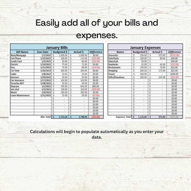 Monthly Budget Spreadsheet Template for Excel Bills - Etsy