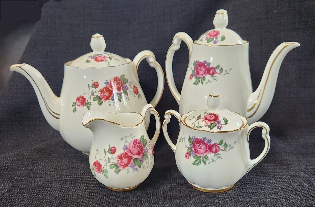 Melba Fine Arts Rose China Set - Tea Pot, Coffee Pot, Creamer and Sugar ...