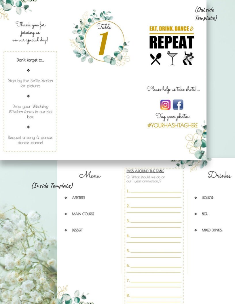 TABLE NUMBERS MENU Printable Trifold Activities List Advice - Etsy