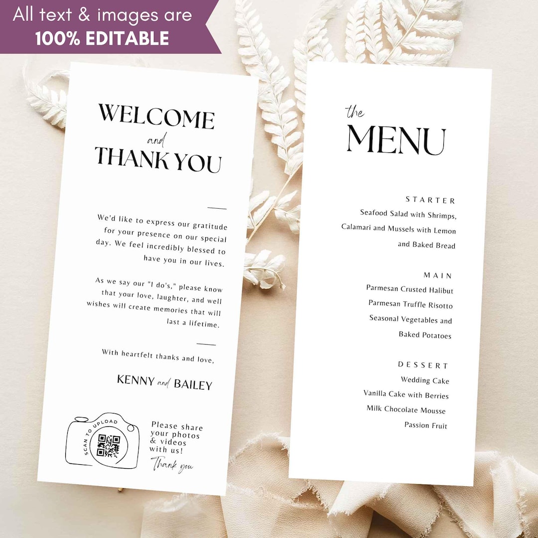 Menu and Thank You Note - Wedding Thank You Card With Qr Code Reception ...