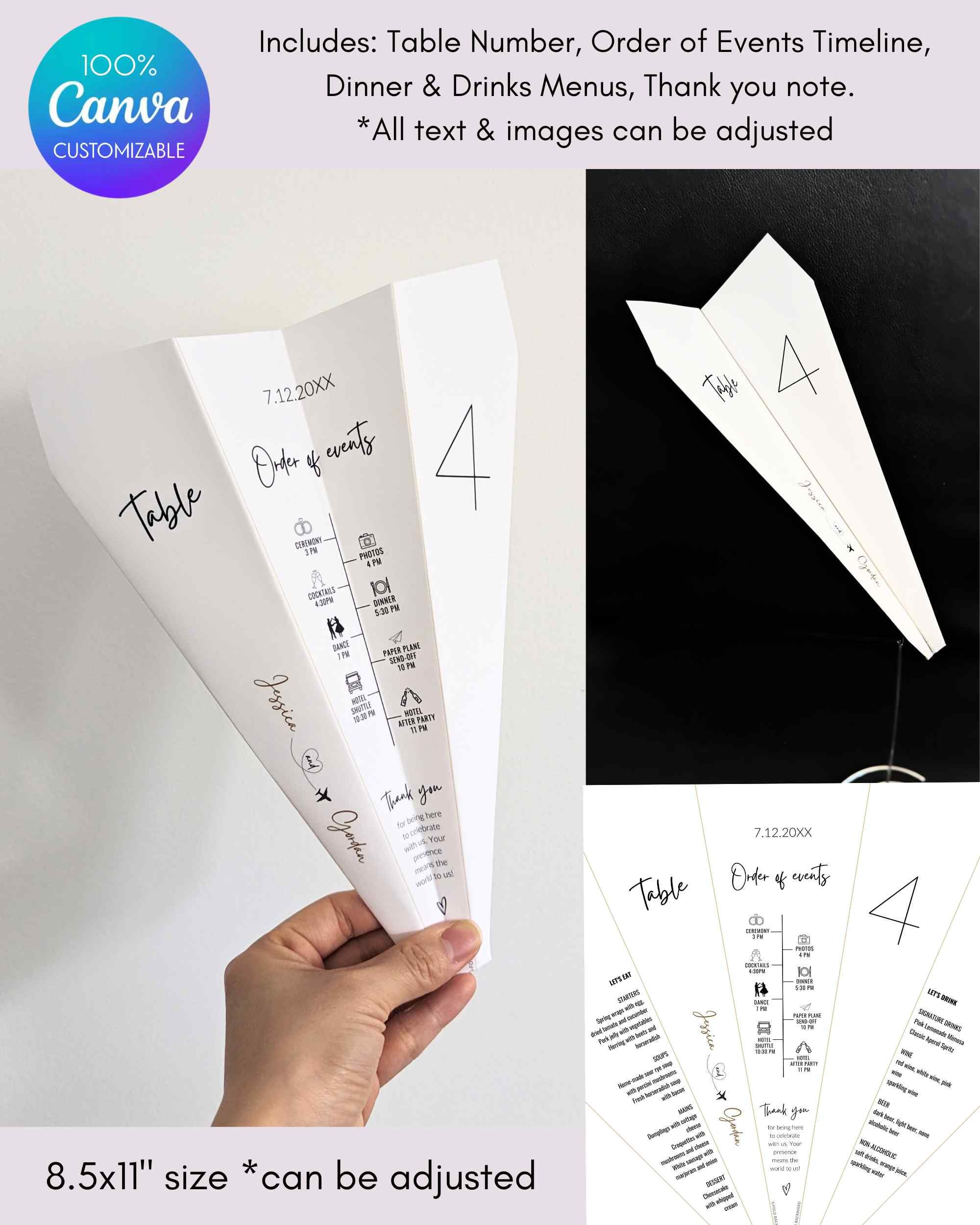 Wedding Paper Airplane Table Number, Order Events Timeline Menu Modern ...