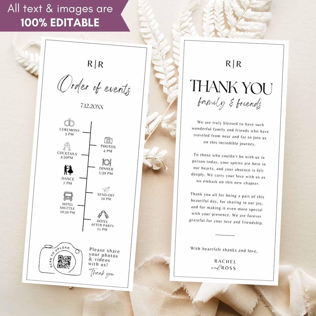 Thank You Note and Order of Events Timeline - Wedding Thank You Card ...