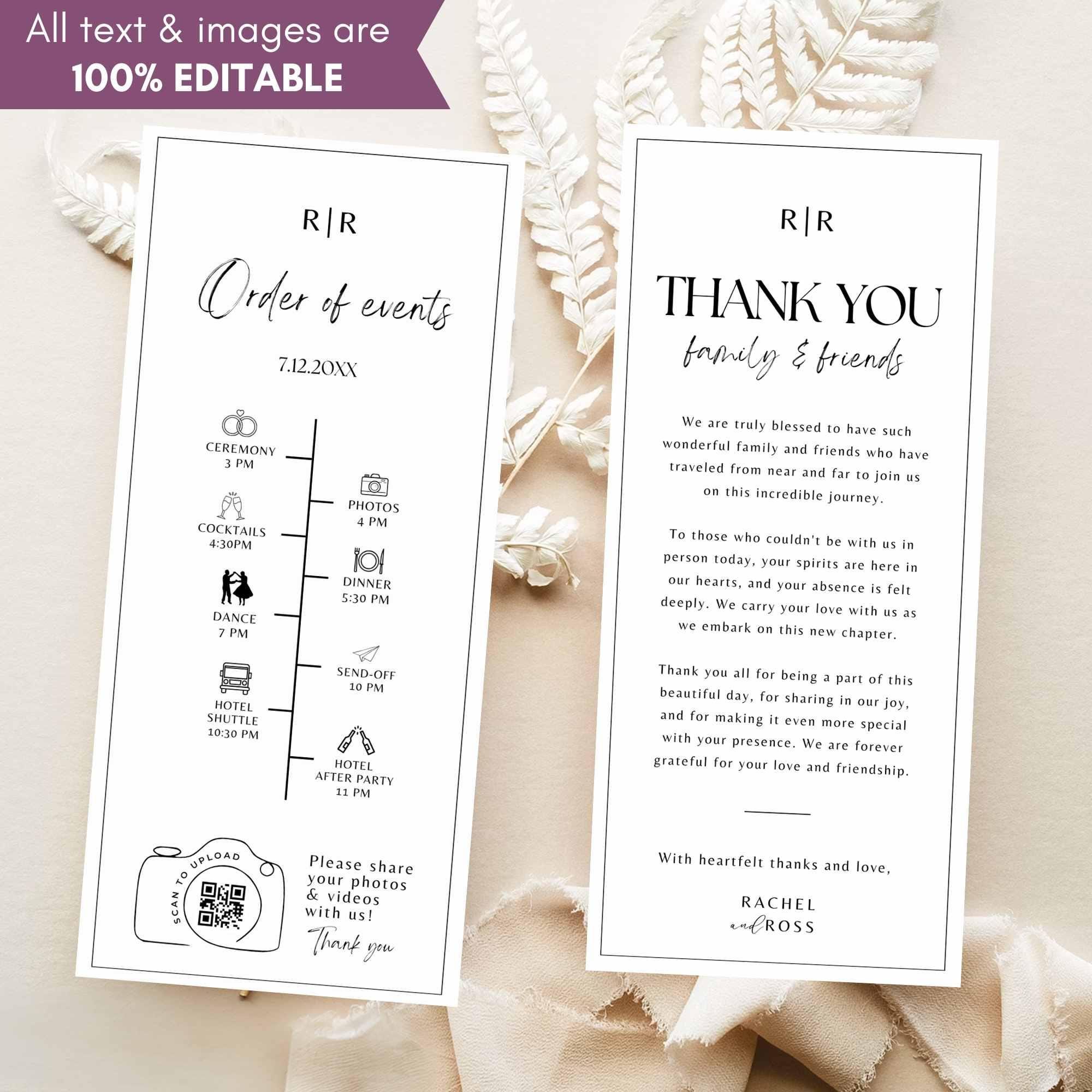 Thank You Note and Order of Events Timeline - Wedding Thank You Card ...