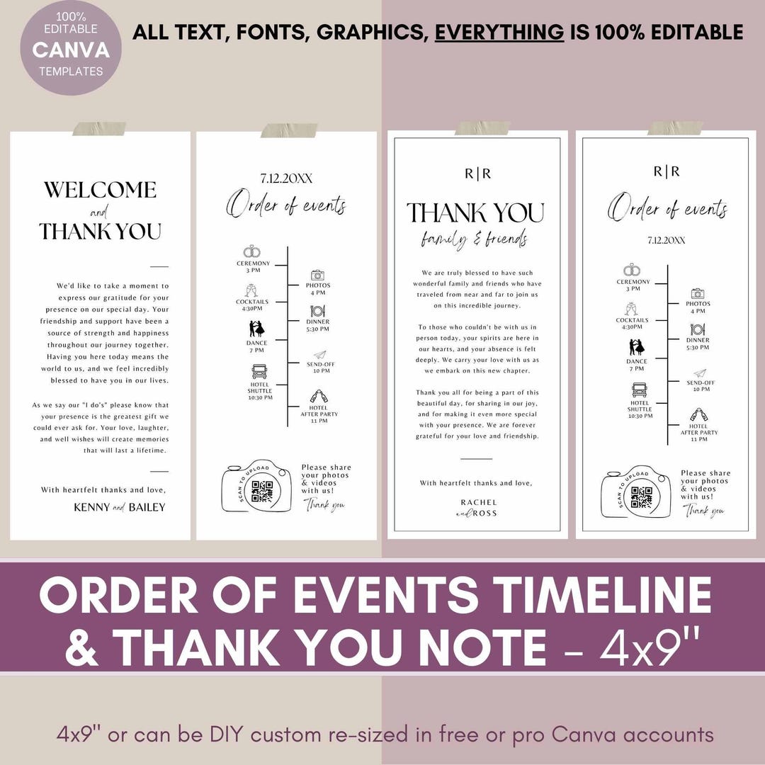 Thank You Note and Order of Events Timeline - Wedding Thank You Card ...