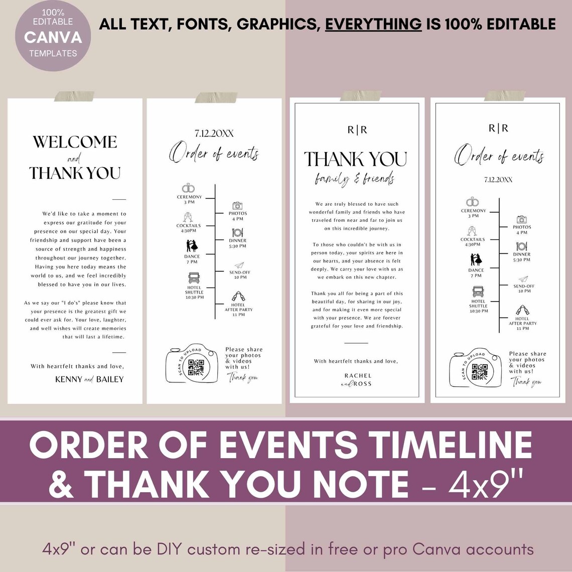 Thank You Note and Order of Events Timeline - Wedding Thank You Card ...