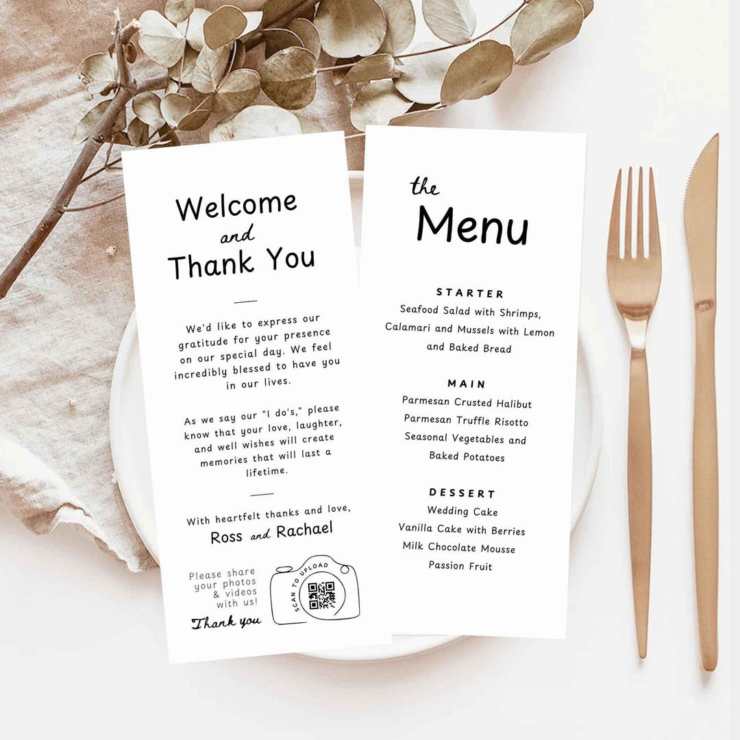 Menu and Thank You Note - Whimsical Wedding Thank You Card With Qr Code ...