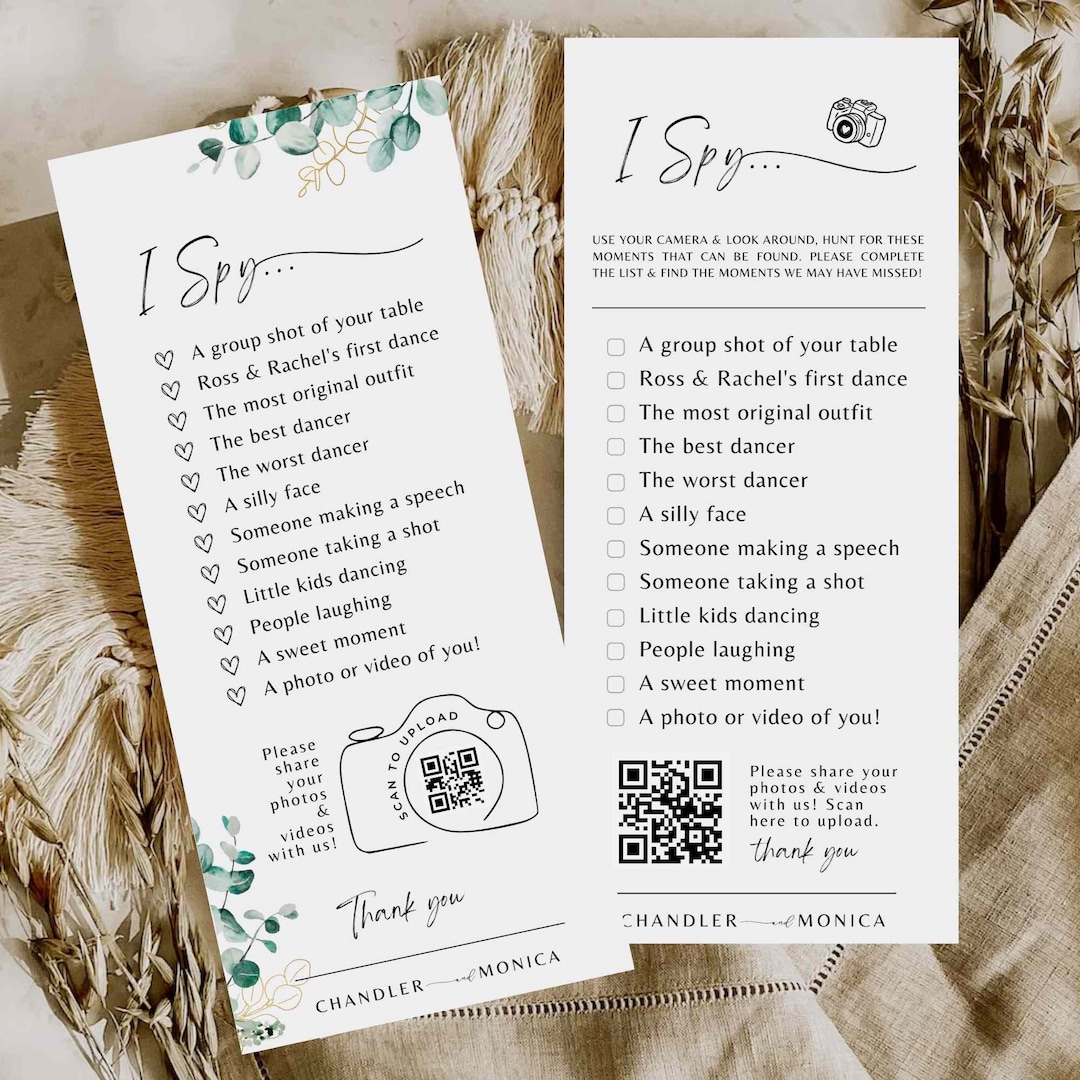 I Spy Wedding Game Photo Scavenger Hunt Wedding Game Card Camera Qr ...