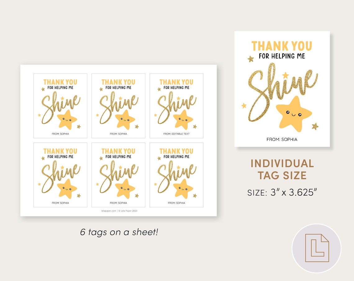 Teacher Appreciation Gift Tag, Thank You for Helping Me Shine Star Tag ...