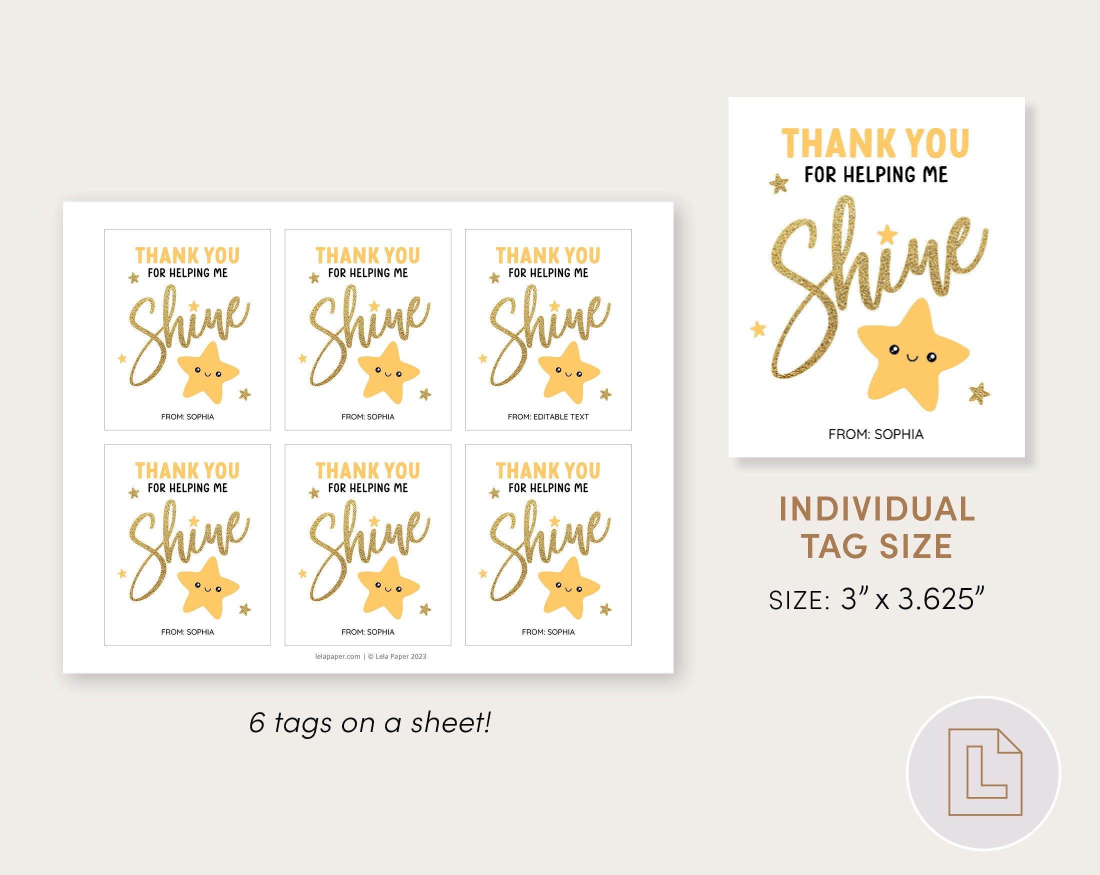 Teacher Appreciation Gift Tag, Thank You for Helping Me Shine Star Tag ...