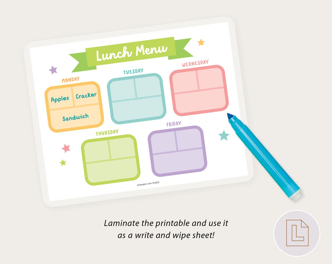 Kids Lunch Weekly Menu Planner Chart Menu Planning Printable School ...