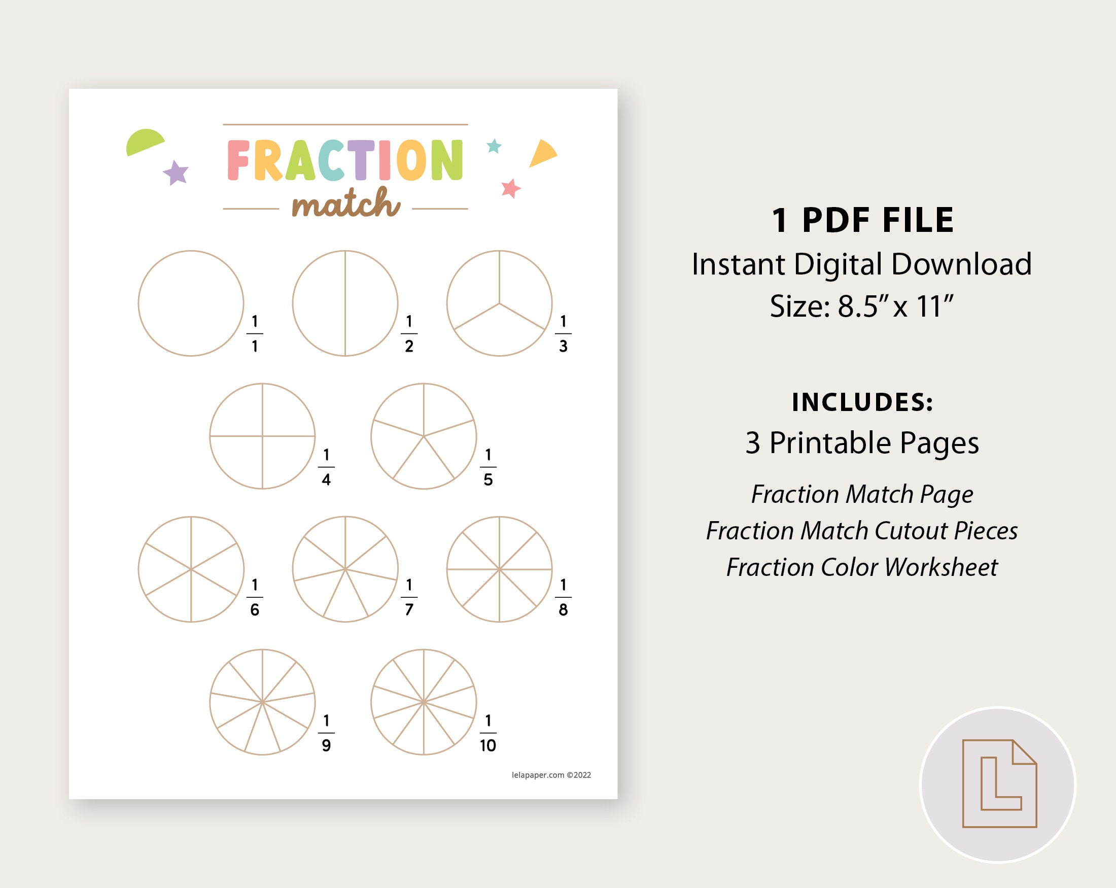 Learning Fractions Matching Activity Printable | Fractions Pie Chart ...