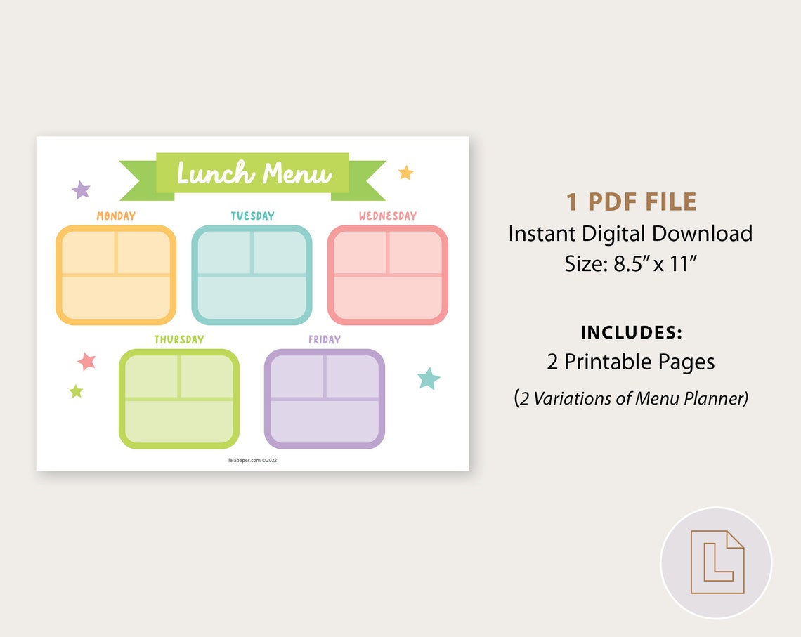 Kids Lunch Weekly Menu Planner Chart Menu Planning Printable School ...