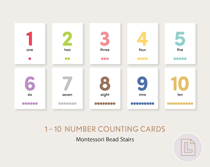 Numbers 1 – 10 Flash Cards Montessori Bead Stairs | Minimalist Counting ...