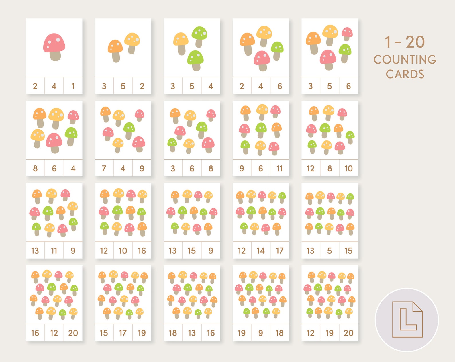 Mushroom Count and Clip Nature Cards | Counting 1-20 Number Flashcards ...