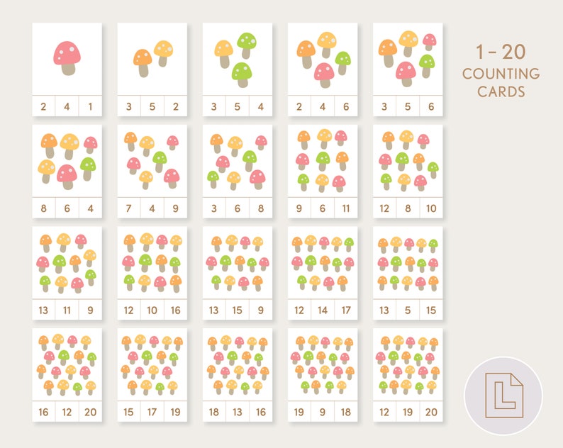 Mushroom Count and Clip Nature Cards | Counting 1-20 Number Flashcards ...