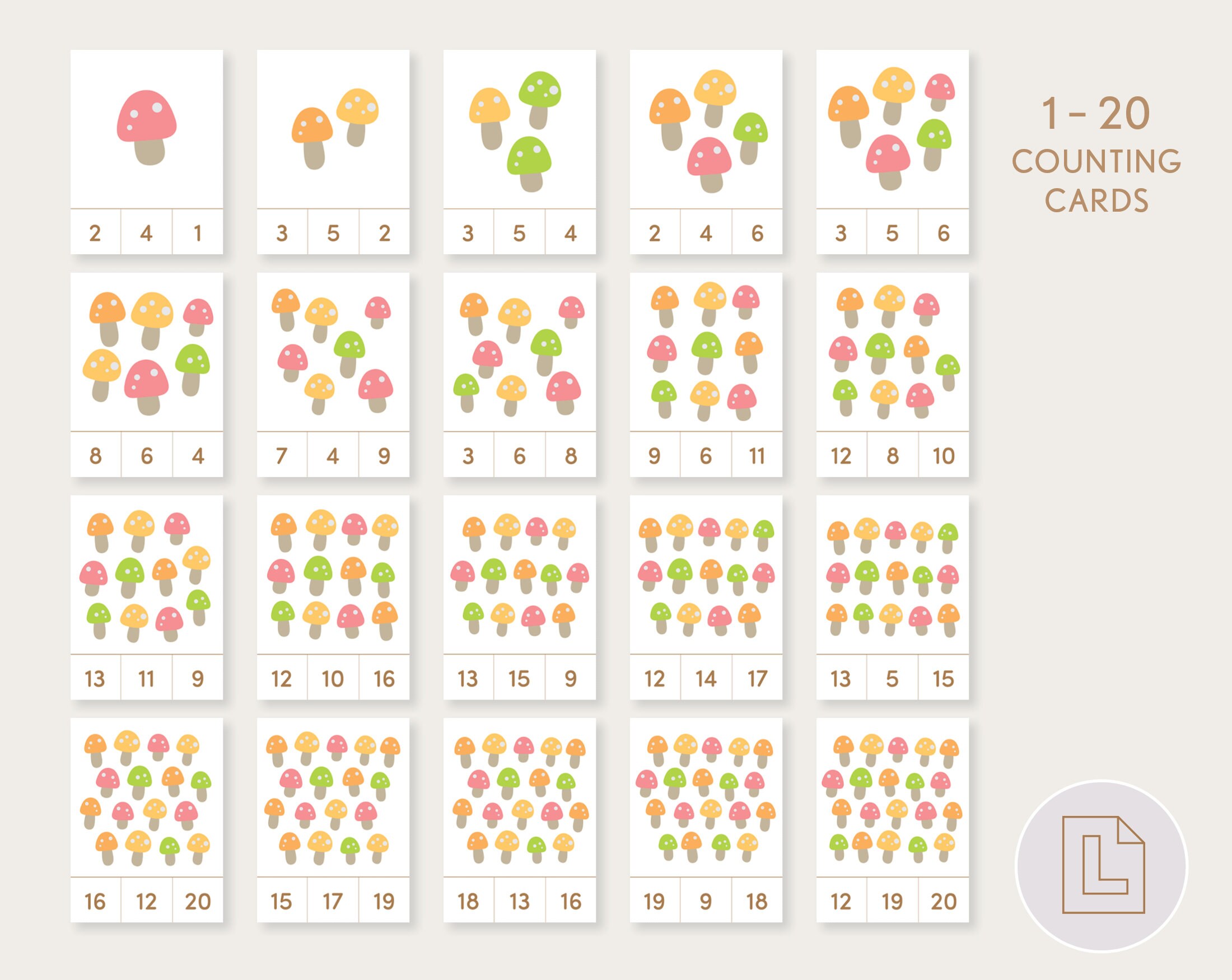 Mushroom Count and Clip Nature Cards | Counting 1-20 Number Flashcards ...