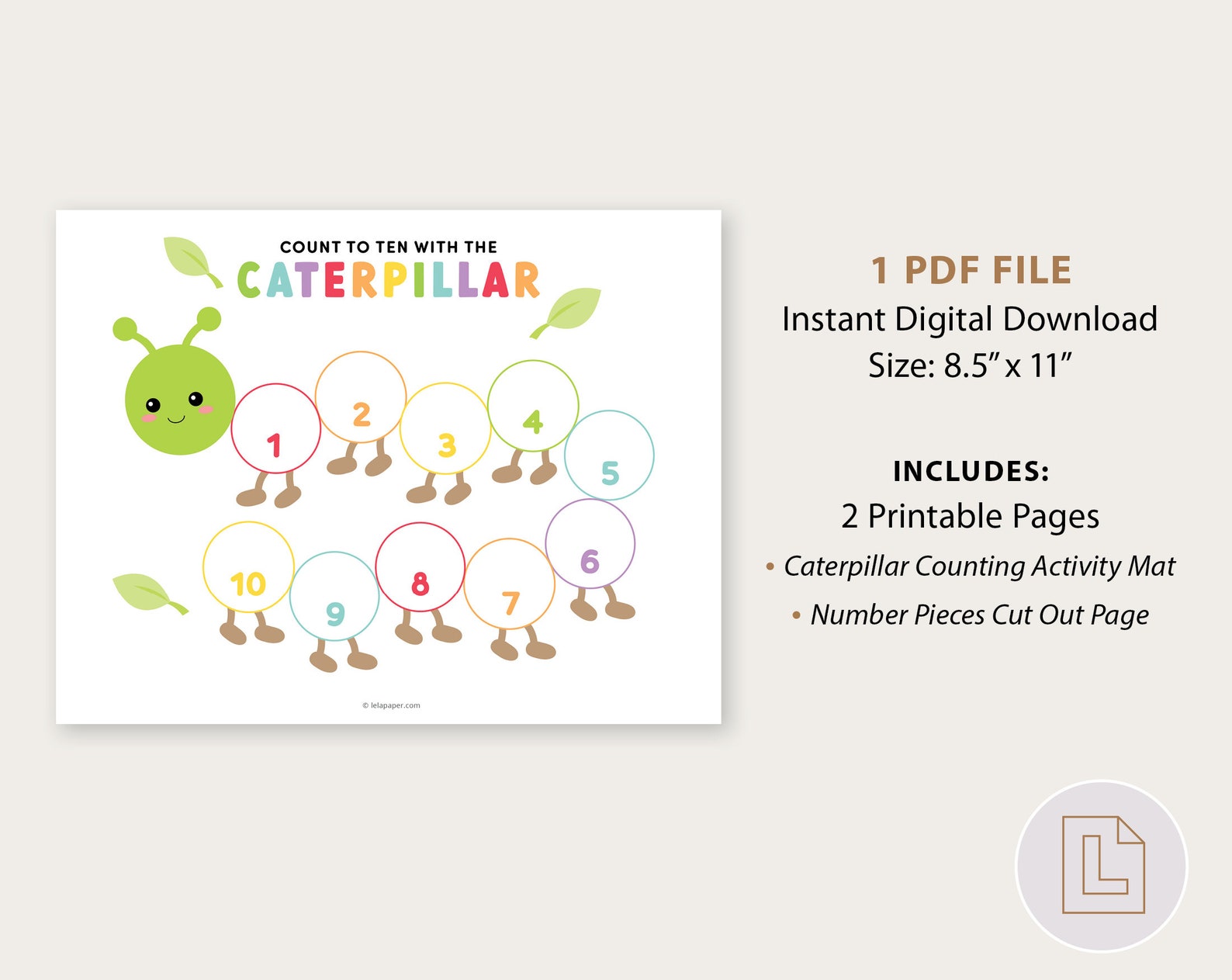 Counting to Ten Caterpillar Activity Printable, Learn to Count, Numbers ...