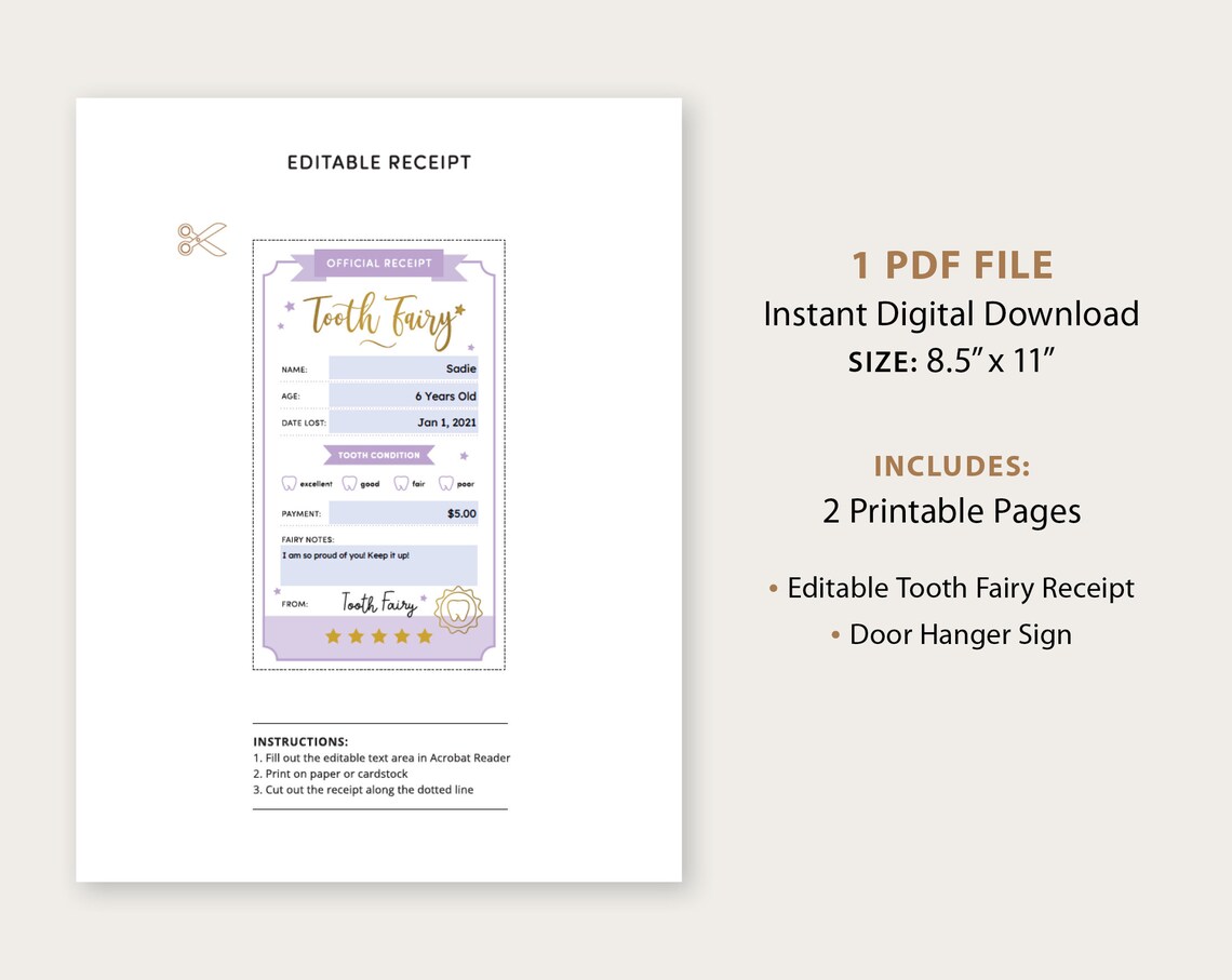 Tooth Fairy Receipt Editable Printable First Lost Tooth - Etsy