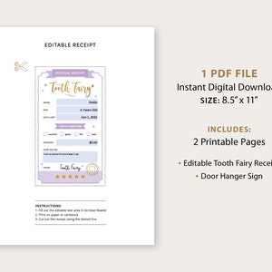 Tooth Fairy Receipt Editable Printable First Lost Tooth Certificate ...