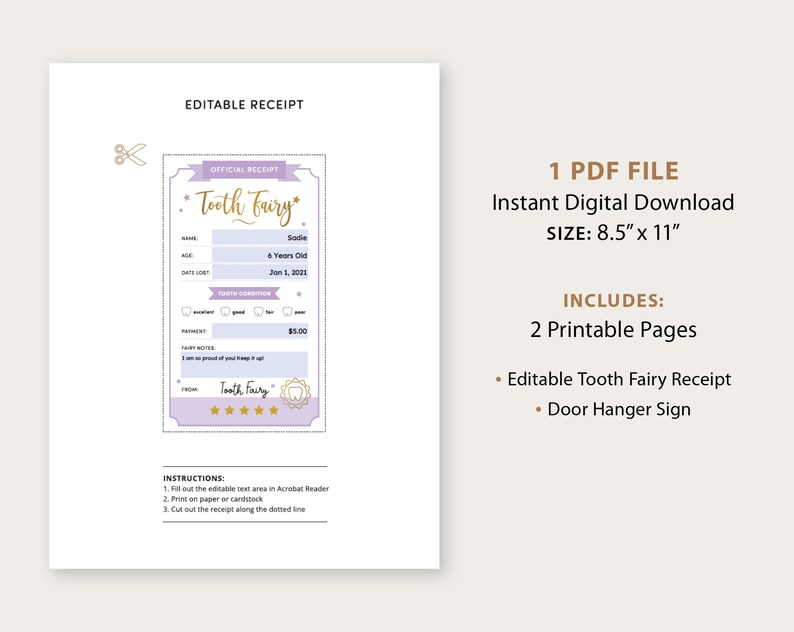 Tooth Fairy Receipt Editable Printable First Lost Tooth - Etsy