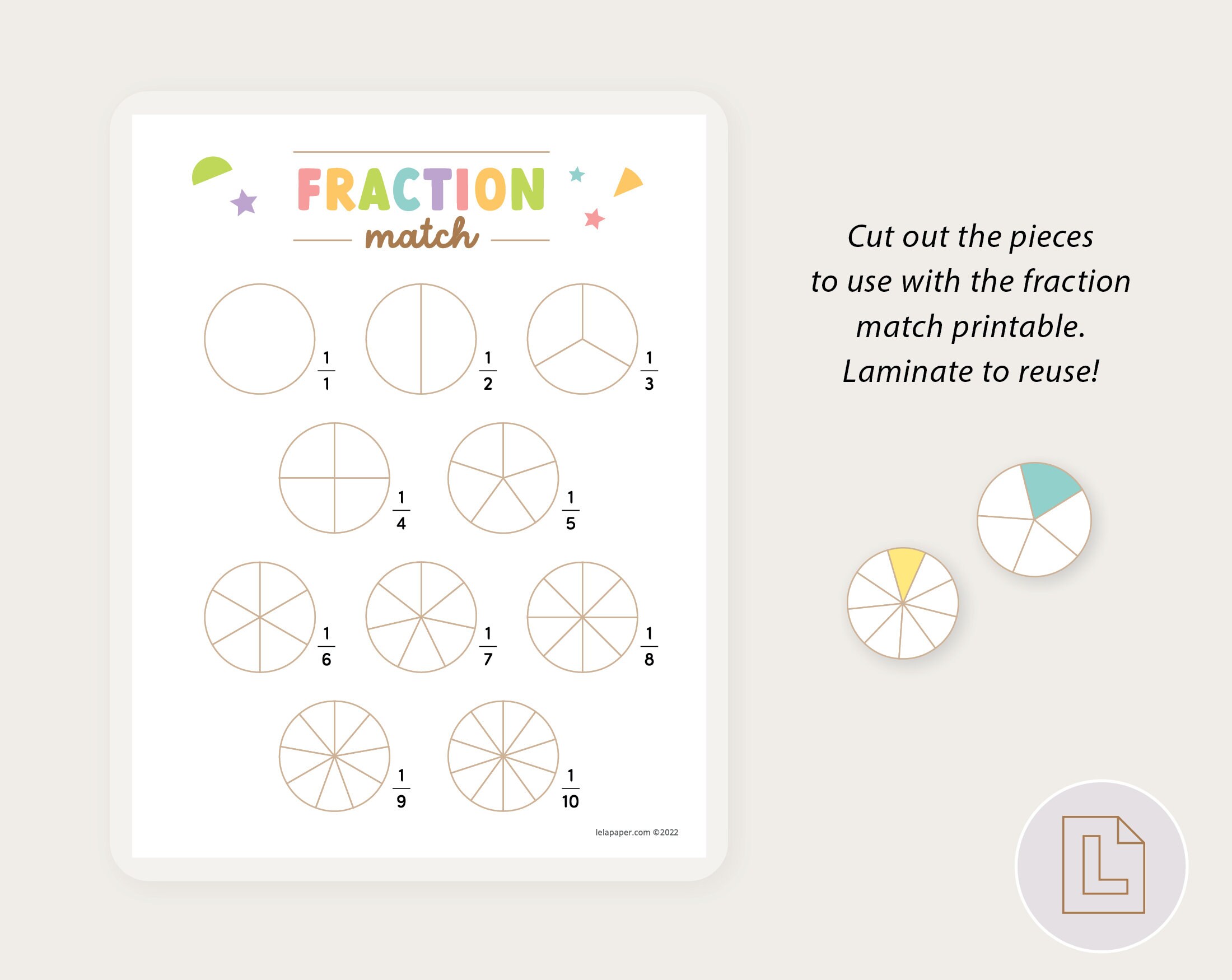 Learning Fractions Matching Activity Printable Fractions Pie Chart ...