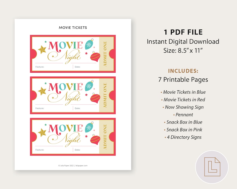 Christmas Movie Night Tickets Printable Set Fun Family Movie Night ...