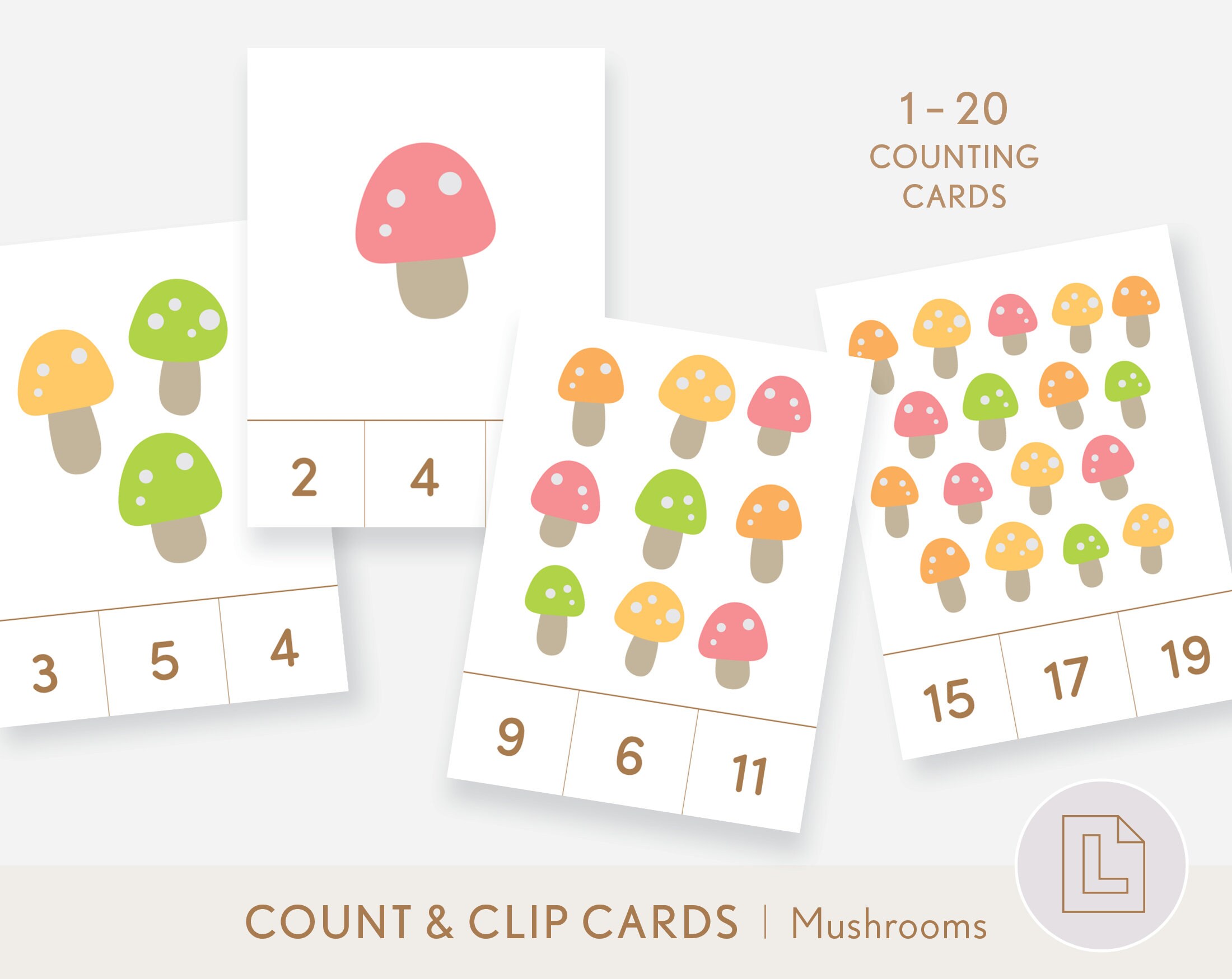 Mushroom Count and Clip Nature Cards | Counting 1-20 Number Flashcards ...
