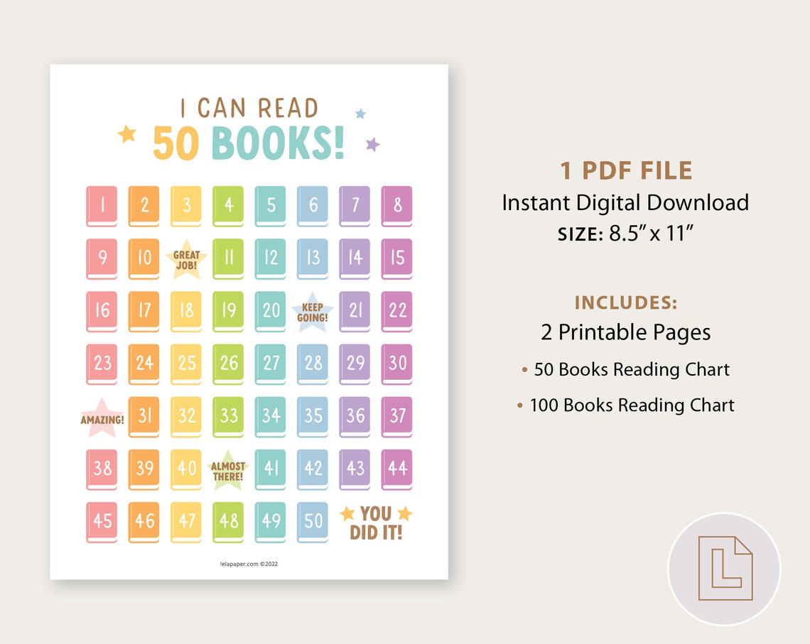 Book Reading Chart for Kids Reading Log Tracker 50 100 - Etsy