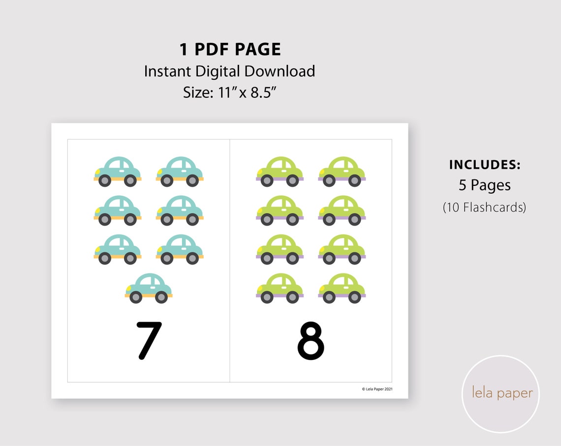 Counting Cars Flashcards Printable Learning Flash Cards | Etsy