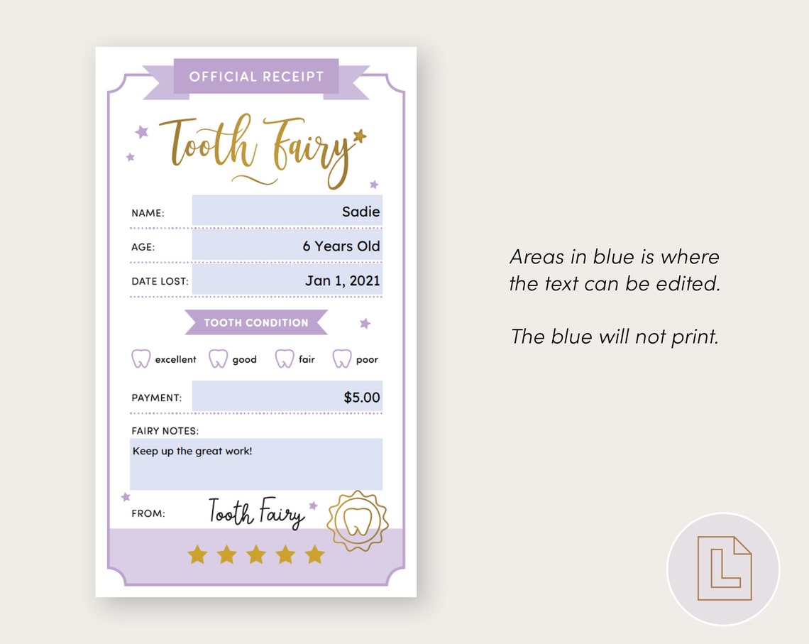 Tooth Fairy Receipt Editable Printable First Lost Tooth - Etsy