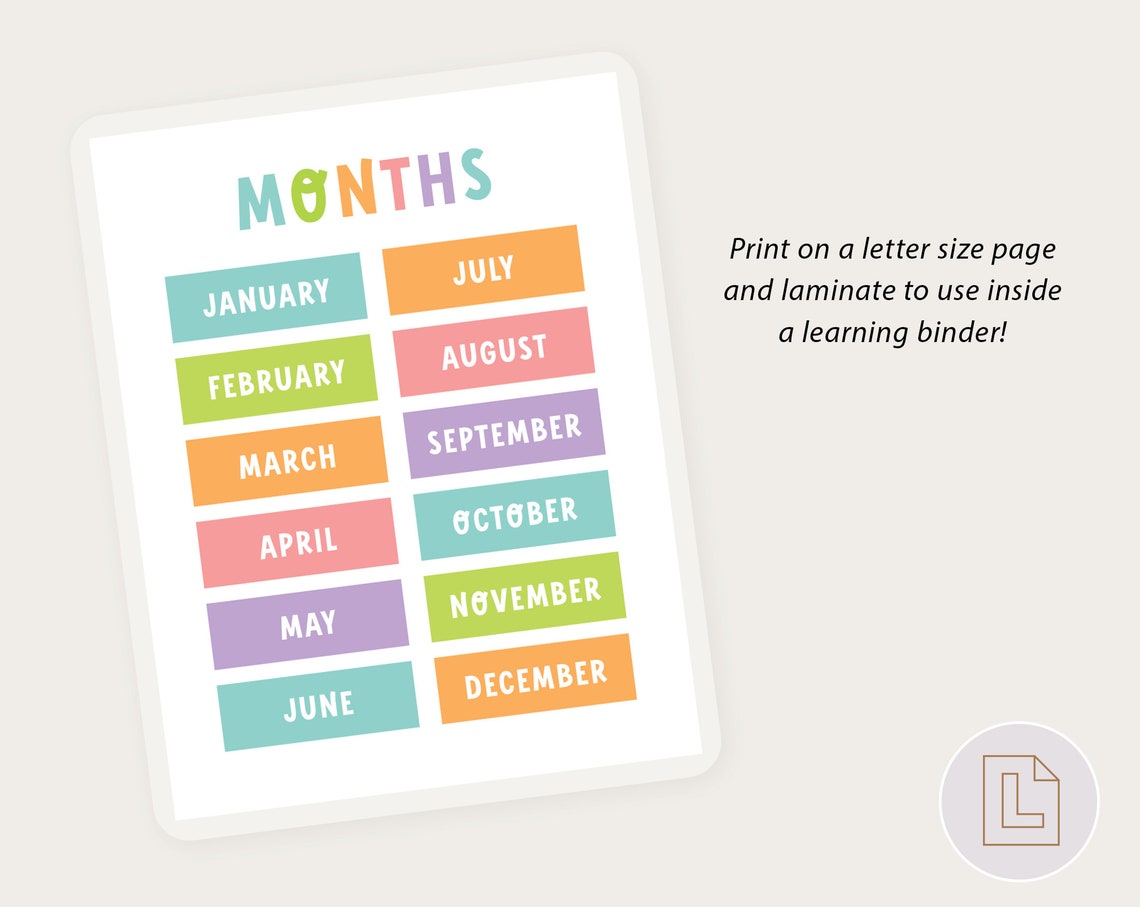 Months of the Year Wall Art Printable | Educational Poster | Rainbow ...