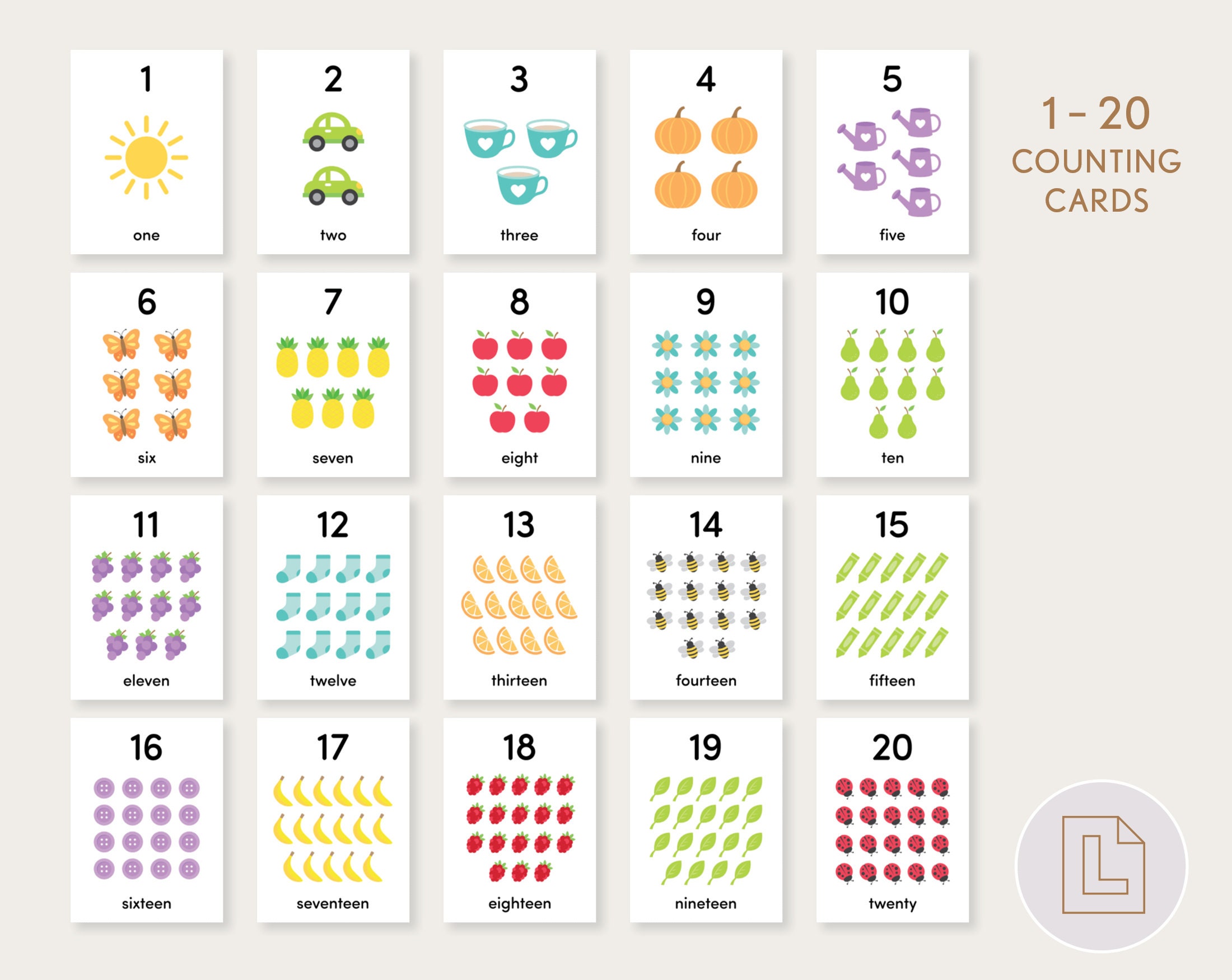 Numbers 1-20 Counting Flash Cards, Learning to Count Toddler Preschool ...