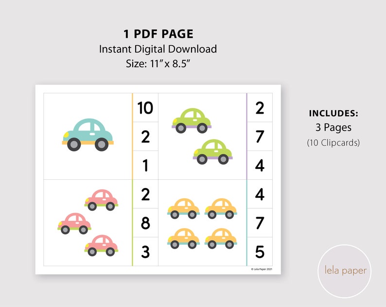 Counting Cars Montessori Clip Cards 1-10 Number Counting Flashcards for ...