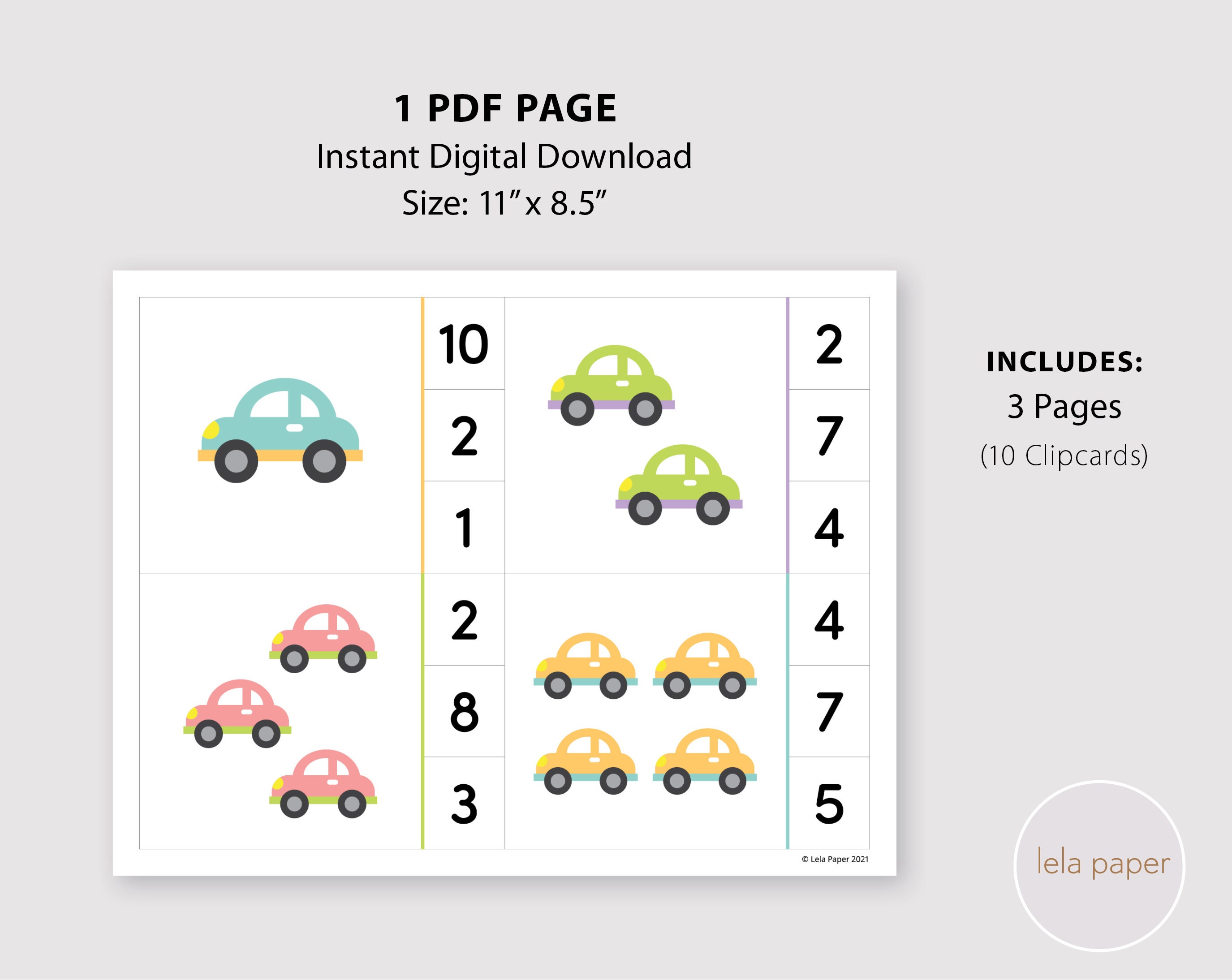 Counting Cars Montessori Clip Cards 1-10 Number Counting Flashcards for ...